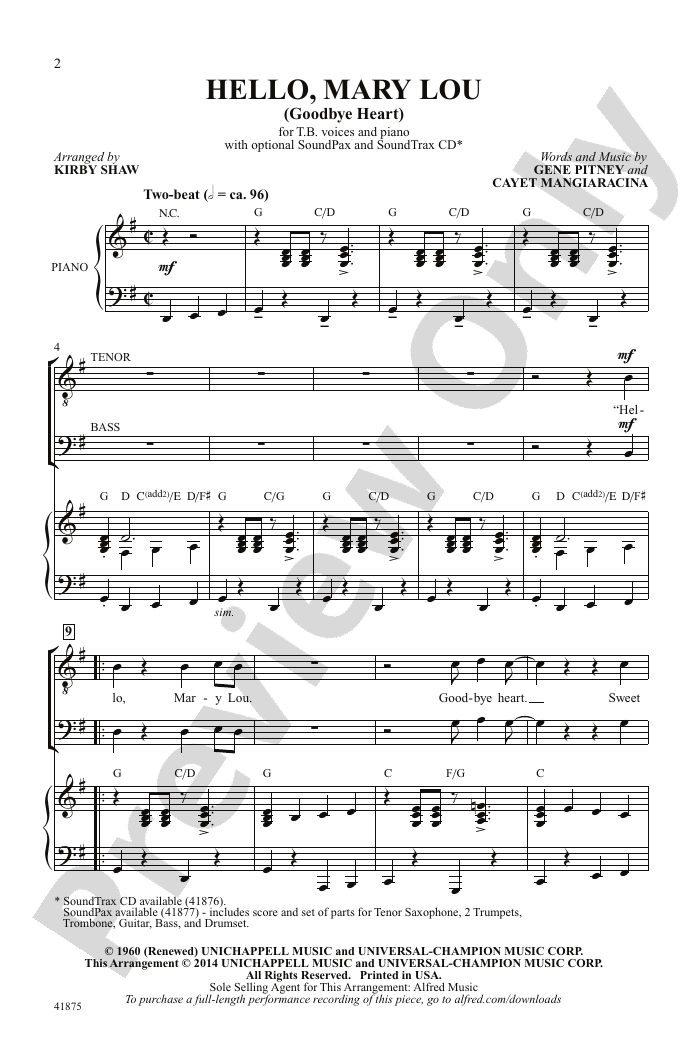 Hello, Mary Lou: TB Choral Octavo: Cayet Mangiaracina - Digital Sheet ...