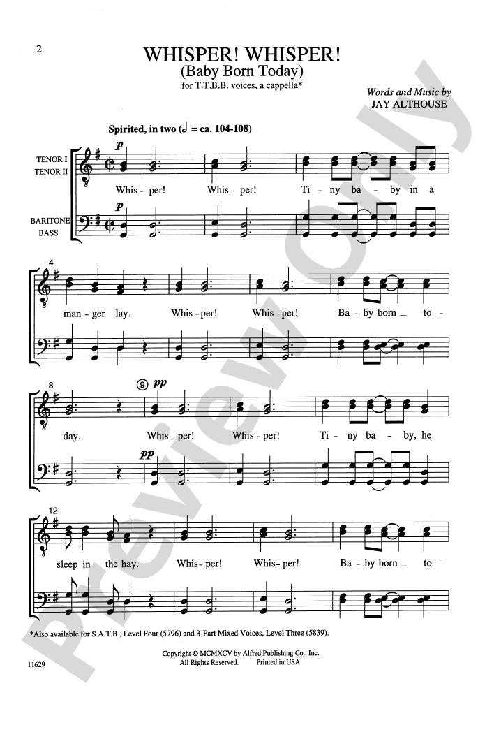 Whisper! Whisper! (Baby Born Today): TTBB, a cappella Choral Octavo ...