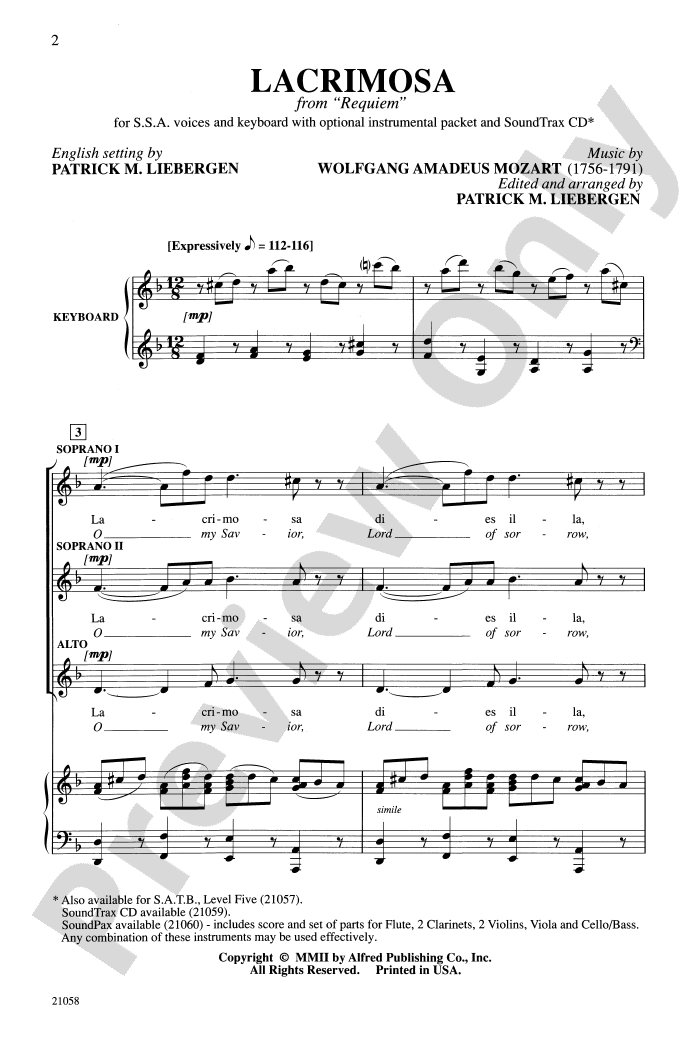 Lacrimosa (from Requiem): SSA Choral Octavo: Wolfgang Amadeus Mozart - Digital Sheet Music Download