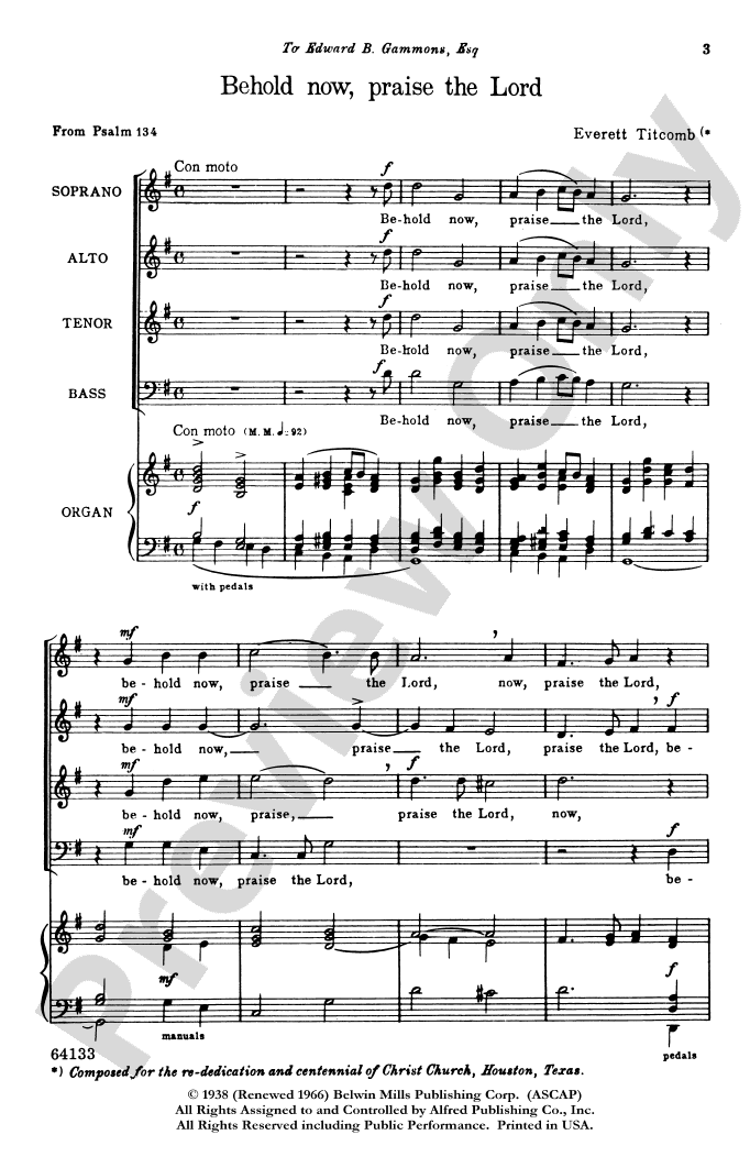 Behold Now, Praise the Lord: SATB Choral Octavo: Everett Titcomb ...