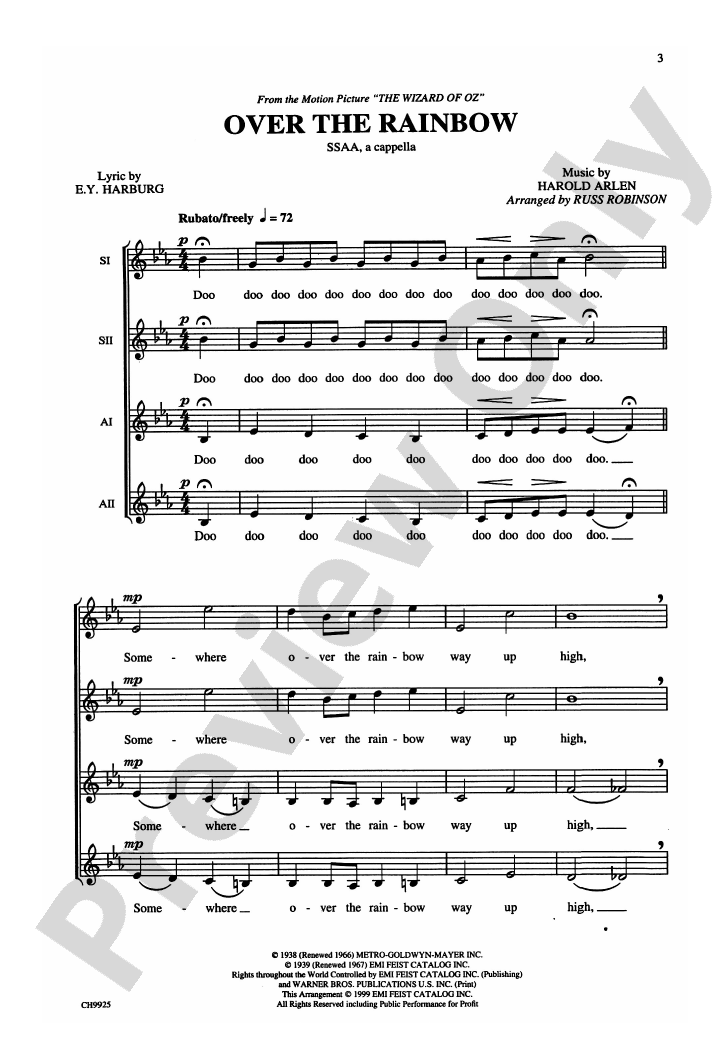 Over the Rainbow: SSAA, a cappella Choral Octavo: Harold Arlen ...