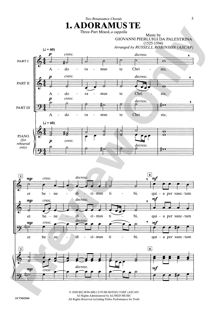 Two Renaissance Chorals (Adoramus Te / Ave Maria): 3-Part Mixed, a cappella Choral Octavo ...