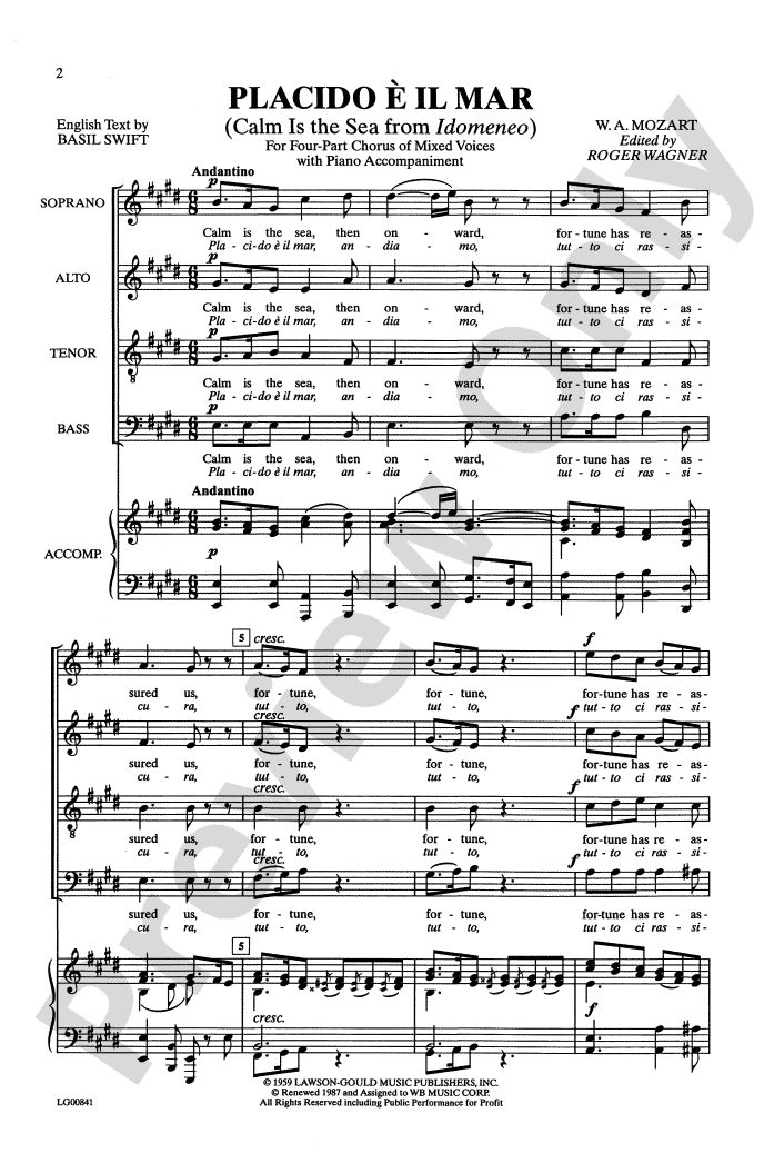 Placido e il mar (Calm Is the Sea): SATB Choral Octavo: Wolfgang ...