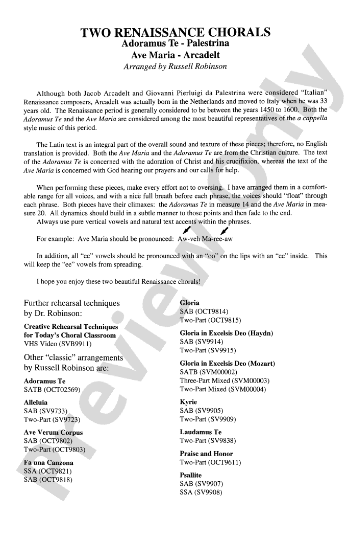 Two Renaissance Chorals (Adoramus Te / Ave Maria): TBB, a cappella Choral Octavo - Digital Sheet ...