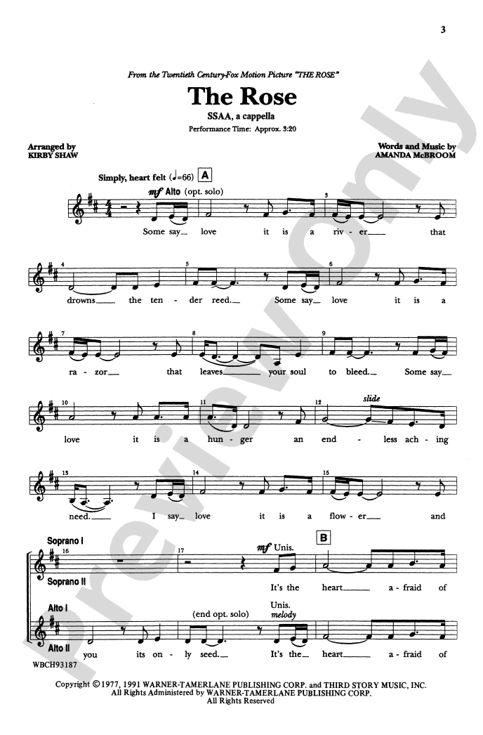 The Rose: SSAA, a cappella Choral Octavo: Amanda McBroom - Digital ...