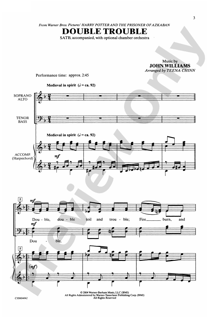 Double Trouble (from Harry Potter and the Prisoner of Azkaban): SATB ...