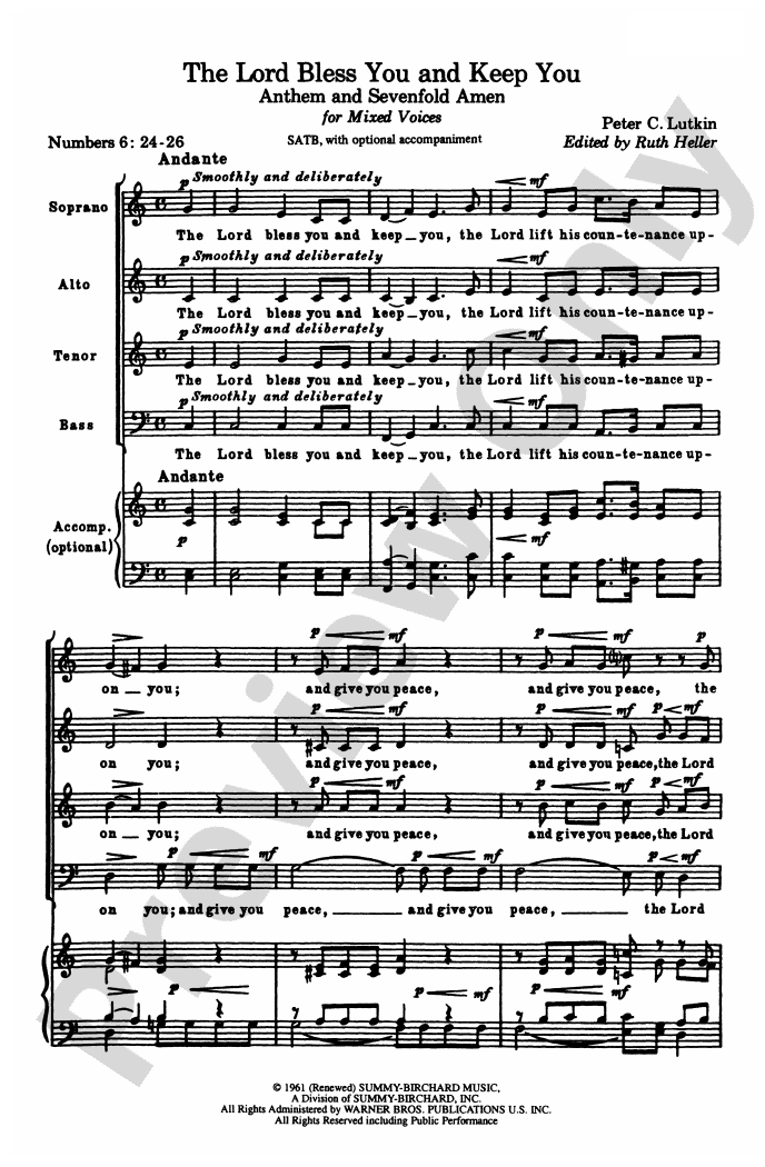 The Lord Bless You and Keep You: SATB Choral Octavo: Peter C. Lutkin ...
