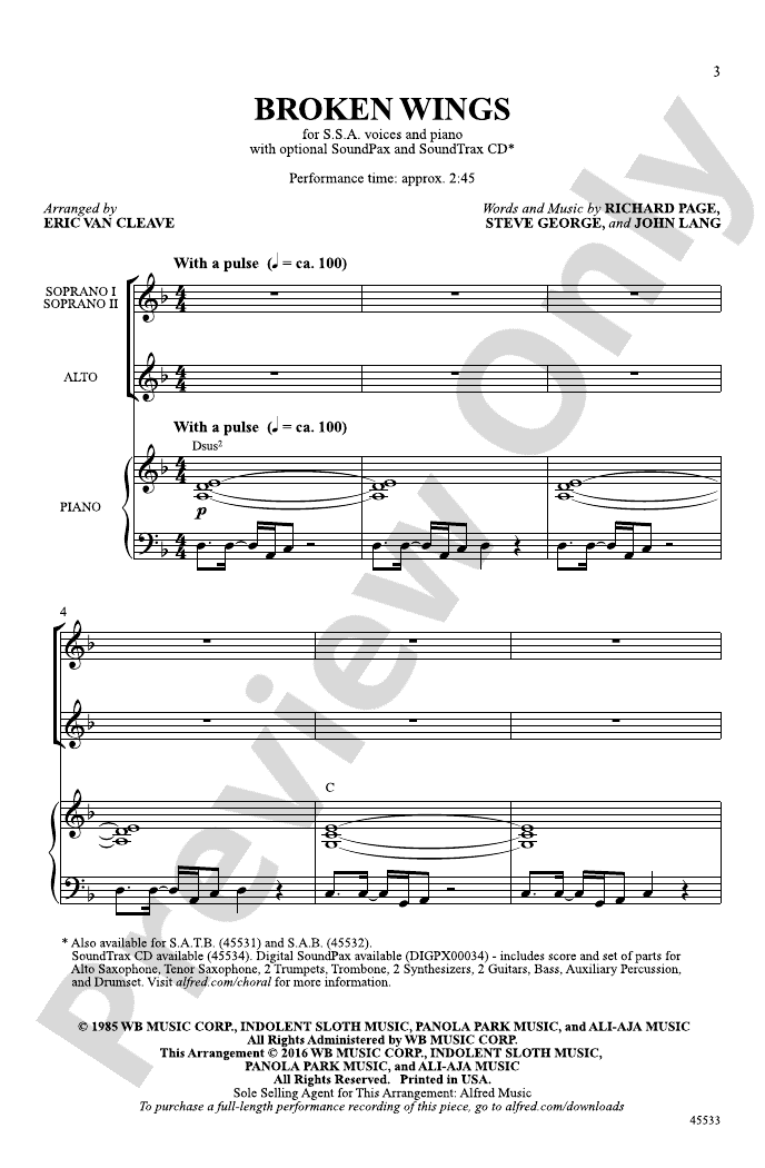 Broken Wings: SSA Choral Octavo: Richard Page - Digital Sheet Music Download