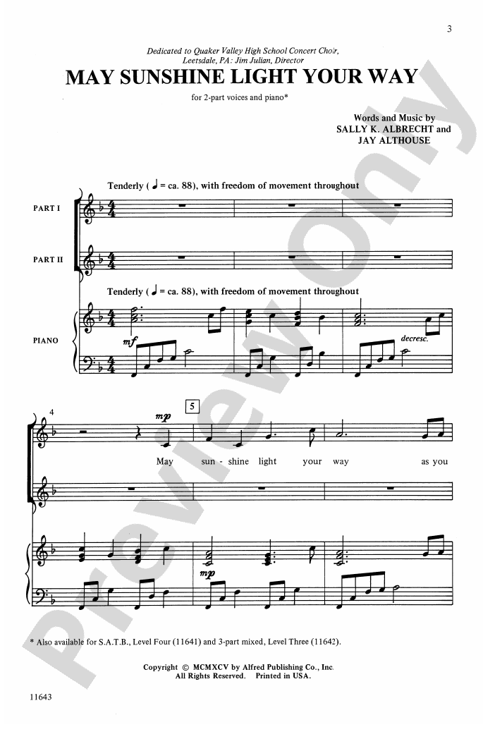 May Sunshine Light Your Way: 2-Part Choral Octavo: Sally K. Albrecht ...