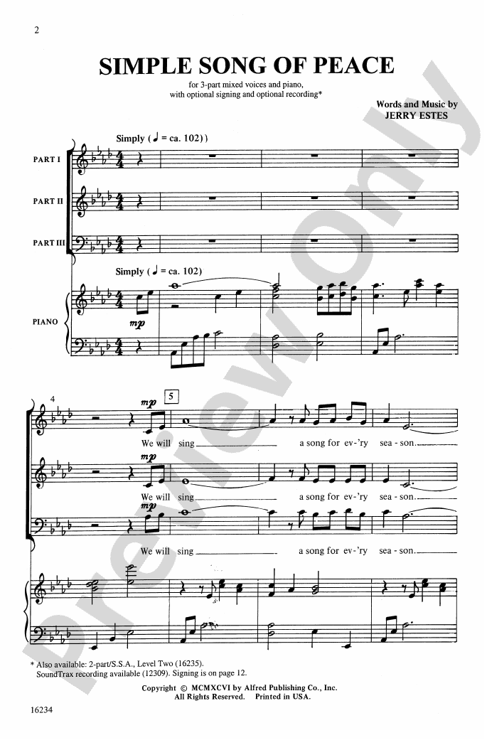 Simple Song of Peace: 3-Part Mixed (with Opt. Sign Language) Choral ...