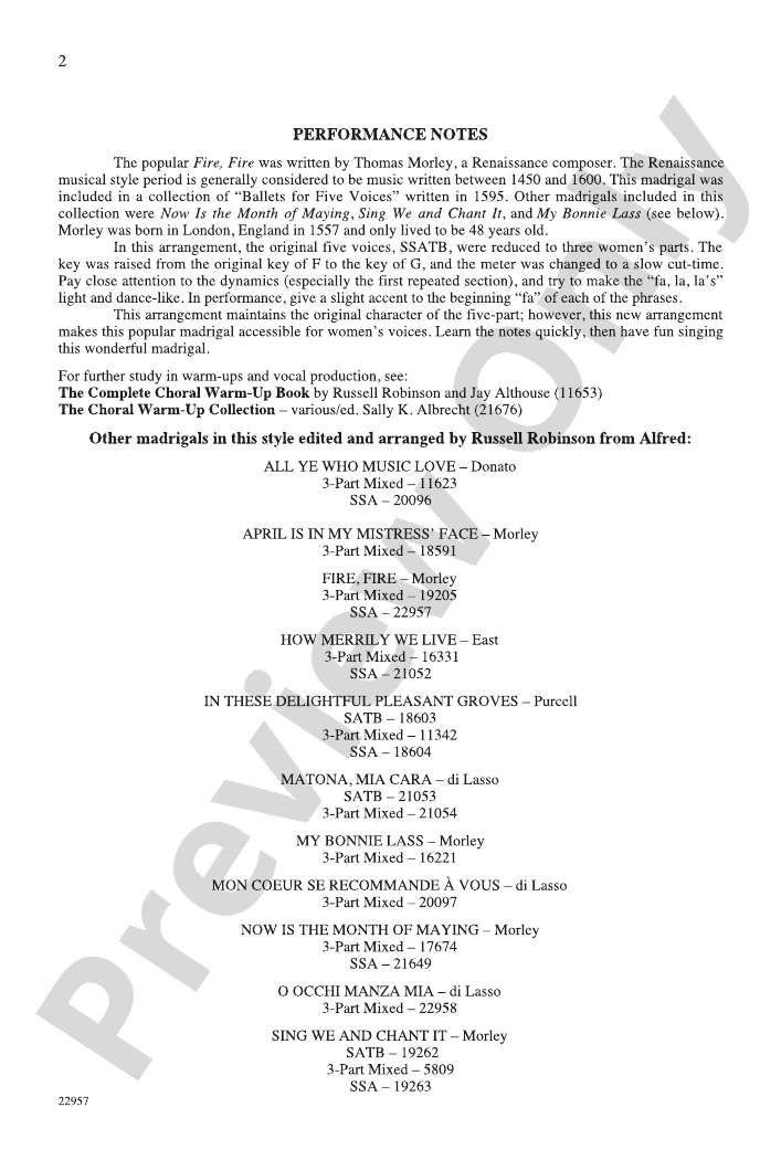 Fire, Fire: SSA, a cappella Choral Octavo: Thomas Morley - Digital ...