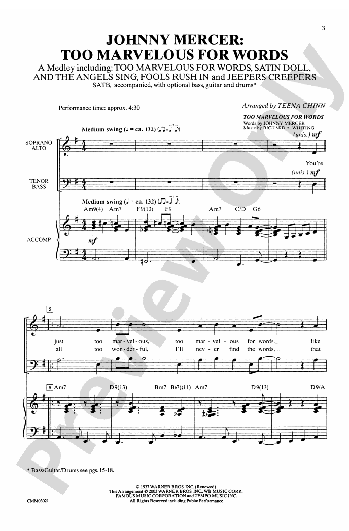 Johnny Mercer: Too Marvelous for Words (A Medley): SATB Choral Octavo ...