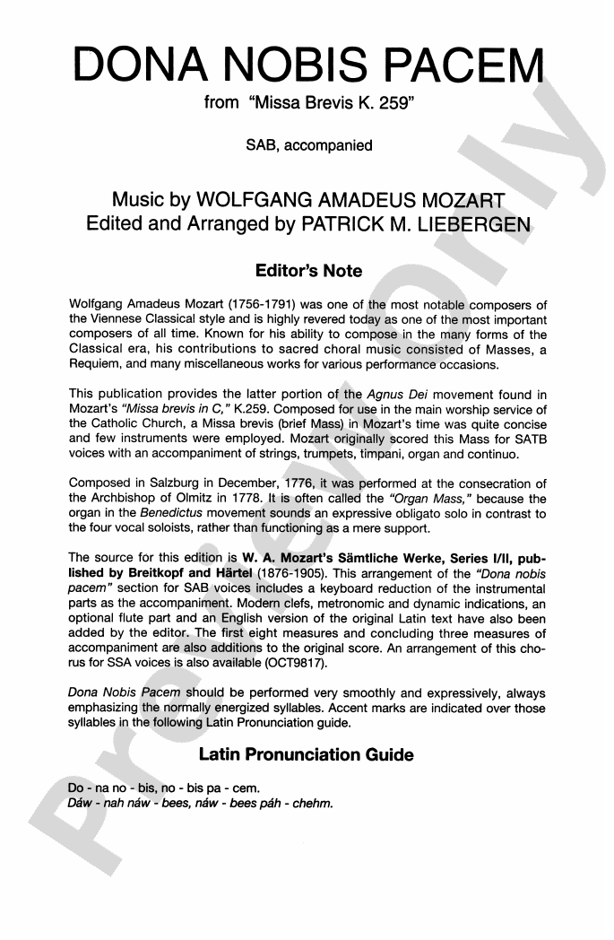 Dona Nobis Pacem (from Missa Brevis, K. 259): SAB Choral Octavo ...