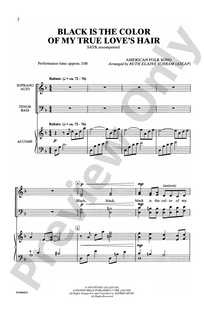 Black Is the Color of My True Love's Hair: SATB Choral Octavo - Digital ...