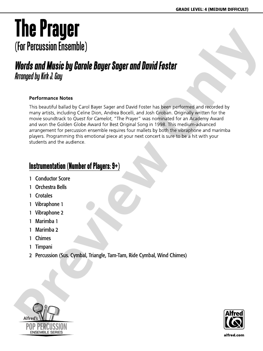 The Prayer: Score: Percussion Ensemble Score - Digital Sheet Music Download