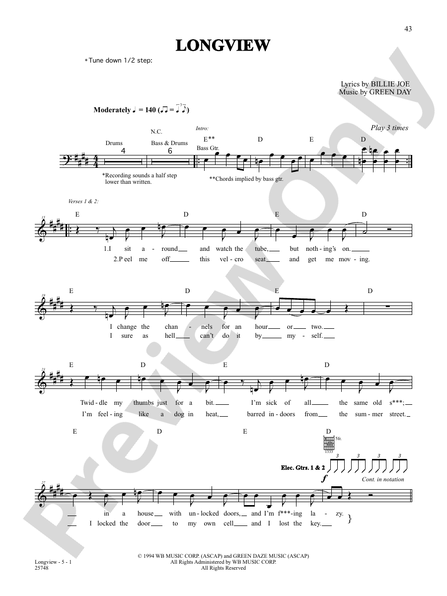 Longview (Live Version): Guitar: Green Day - Digital Sheet Music Download