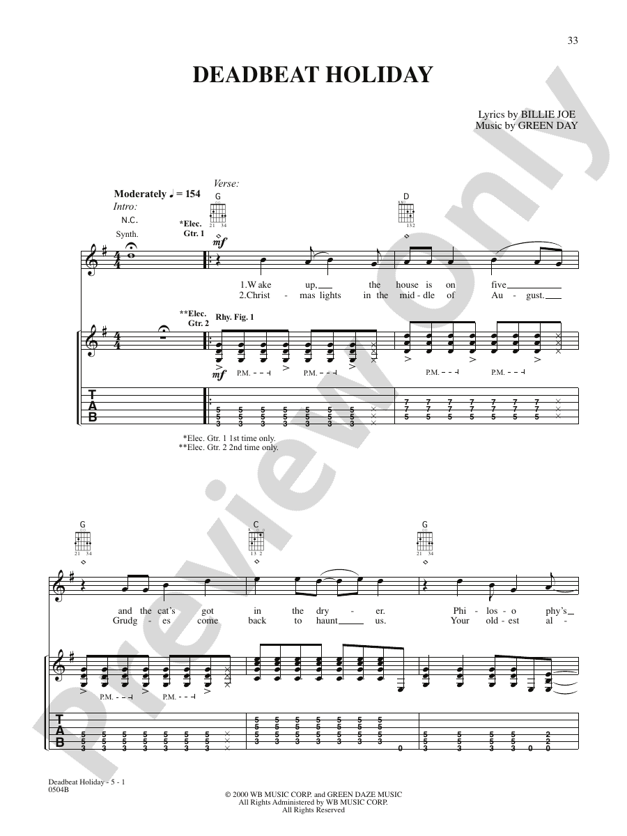 Deadbeat Holiday: Guitar: Green Day - Digital Sheet Music Download