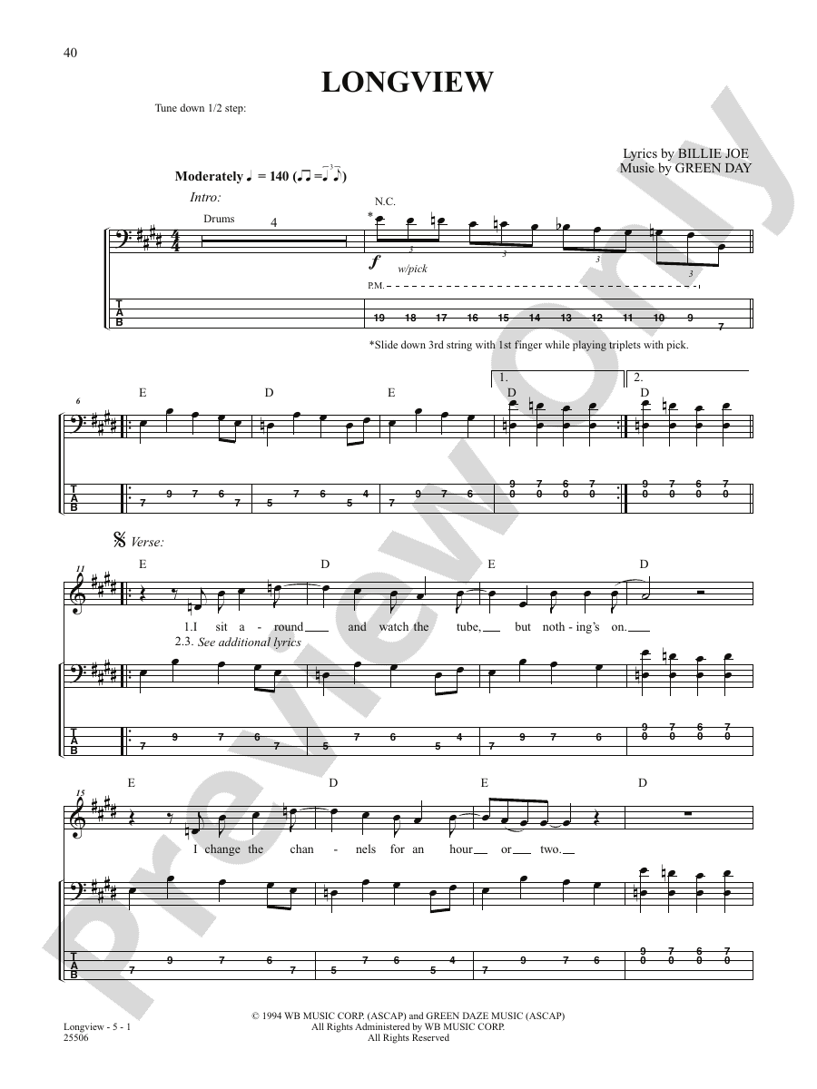 Longview: Bass Guitar: Green Day - Digital Sheet Music Download