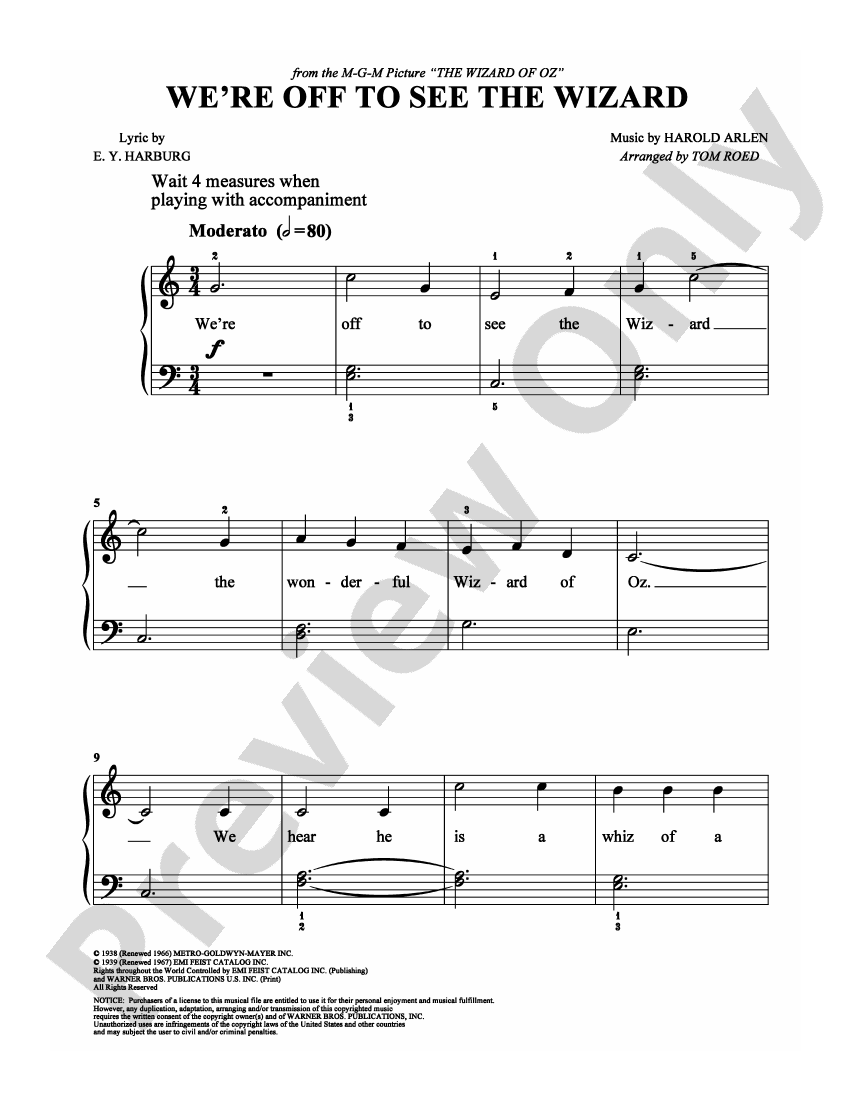 We're Off to See the Wizard: Easy Piano: Harold Arlen - Digital Sheet ...