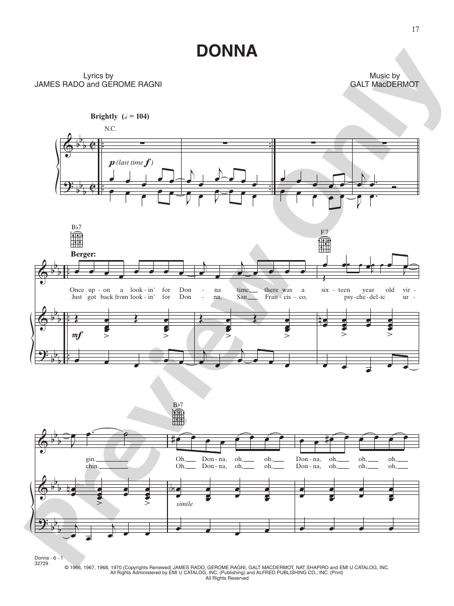 Donna: Piano/Vocal/Chords: Galt MacDermot - Digital Sheet Music Download