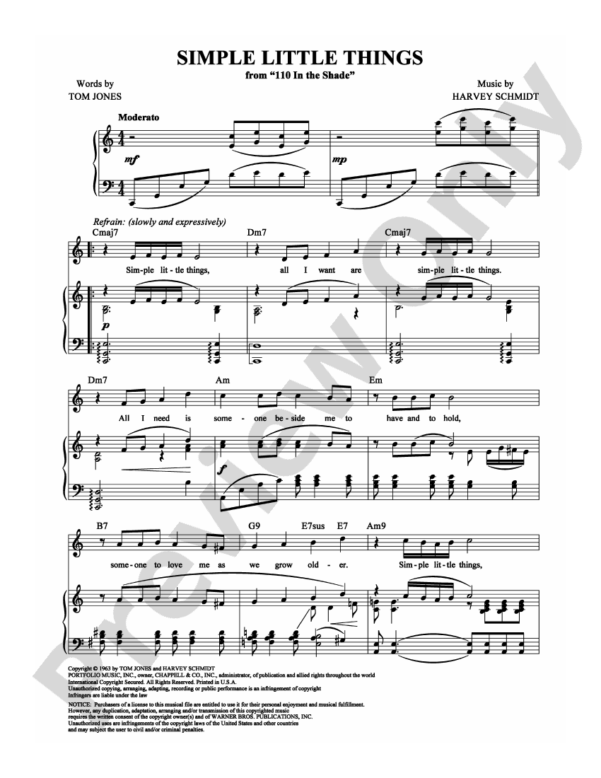 Simple Little Things: Piano/Vocal/Chords: Harvey Schmidt - Digital Sheet Music Download