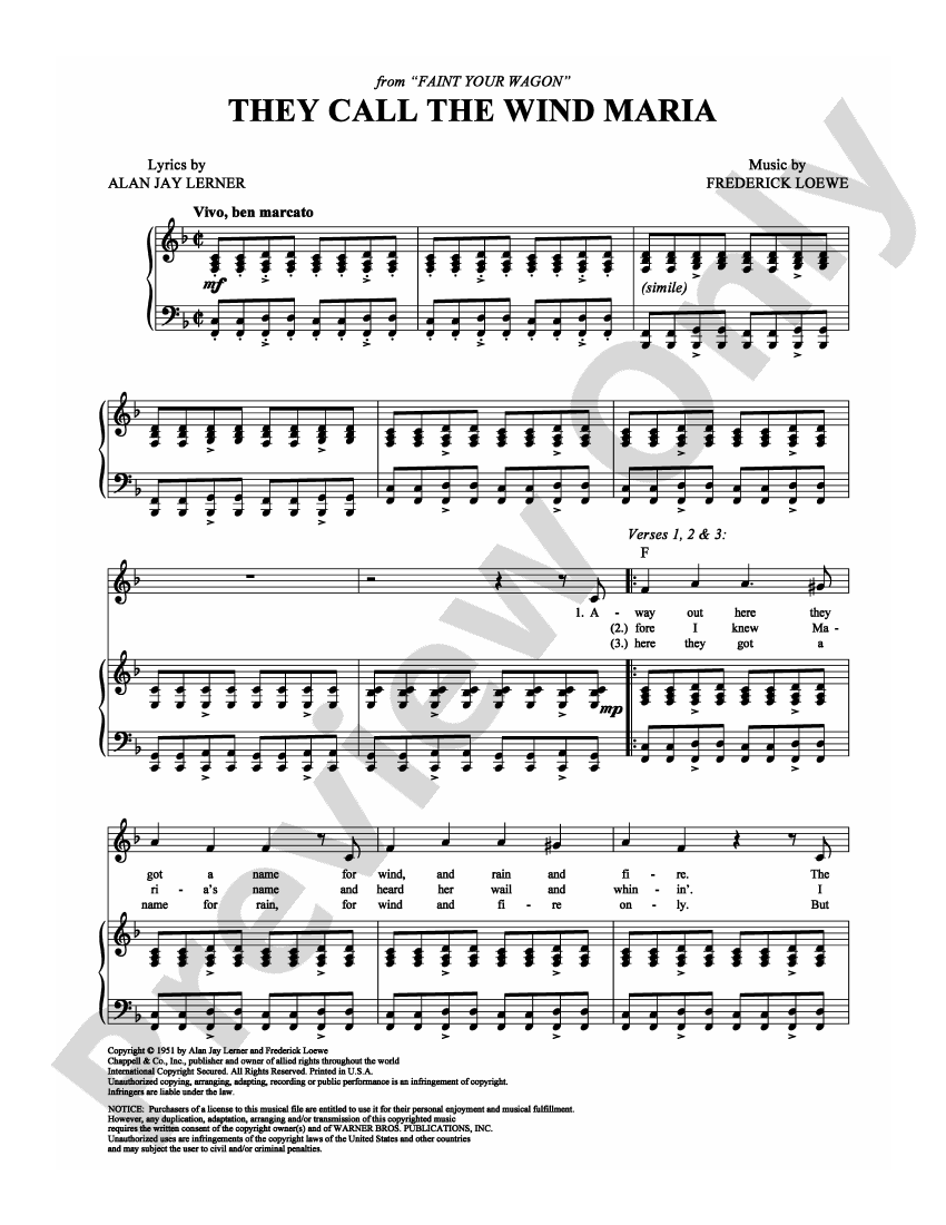 They Call The Wind Maria: Piano/Vocal/Chords: Frederick Loewe - Digital Sheet Music Download
