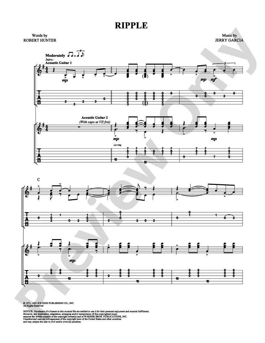 Ripple: Guitar TAB: Grateful Dead - Digital Sheet Music Download