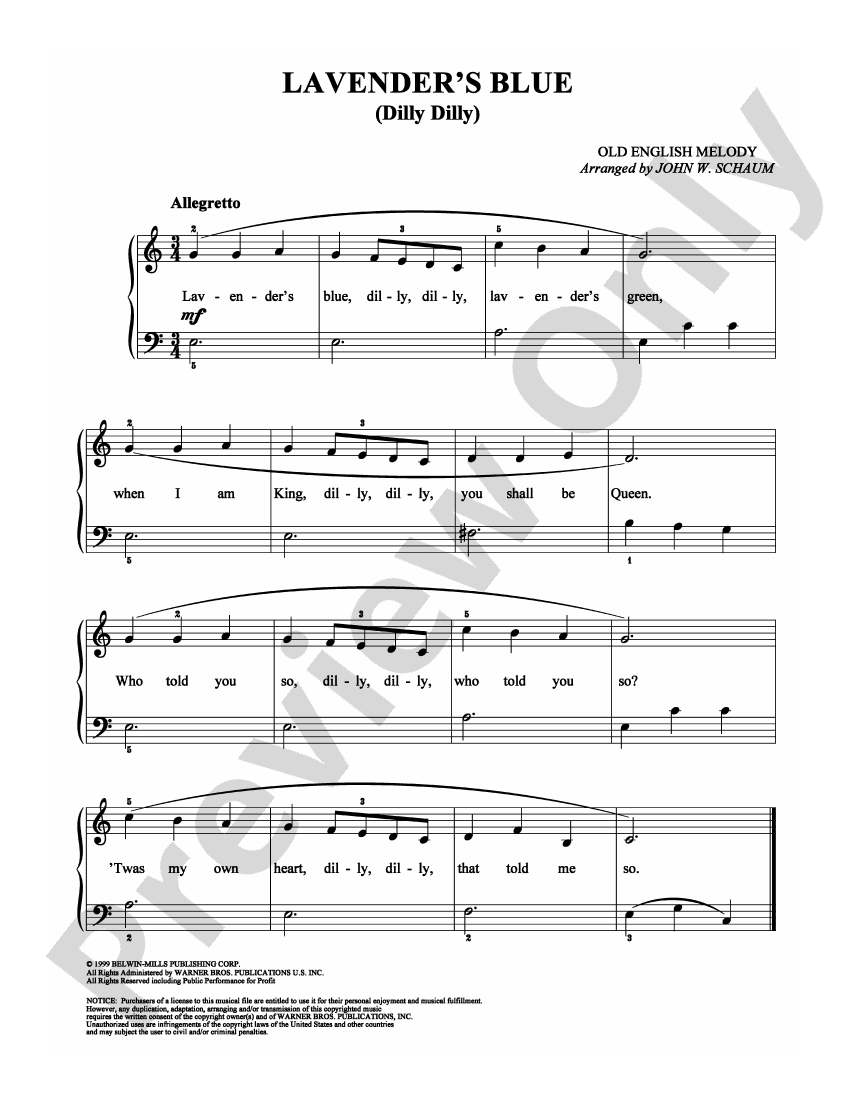 Lavender's Blue: Easy Piano: Traditional - Digital Sheet Music Download