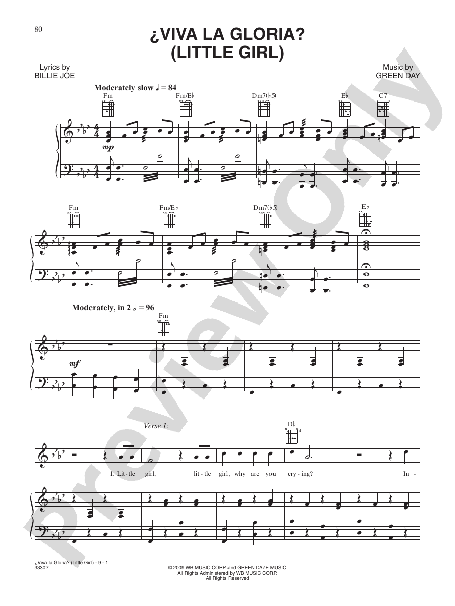 ¿Viva La Gloria? (Little Girl): Piano/Vocal/Chords: Green Day - Digital ...