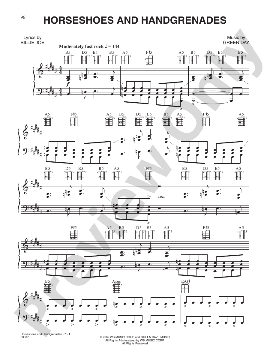 Horseshoes and Handgrenades: Piano/Vocal/Chords: Green Day - Digital ...