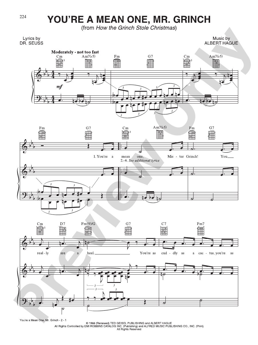 You're a Mean One, Mr. Grinch: Piano/Vocal/Chords: Albert Hague ...