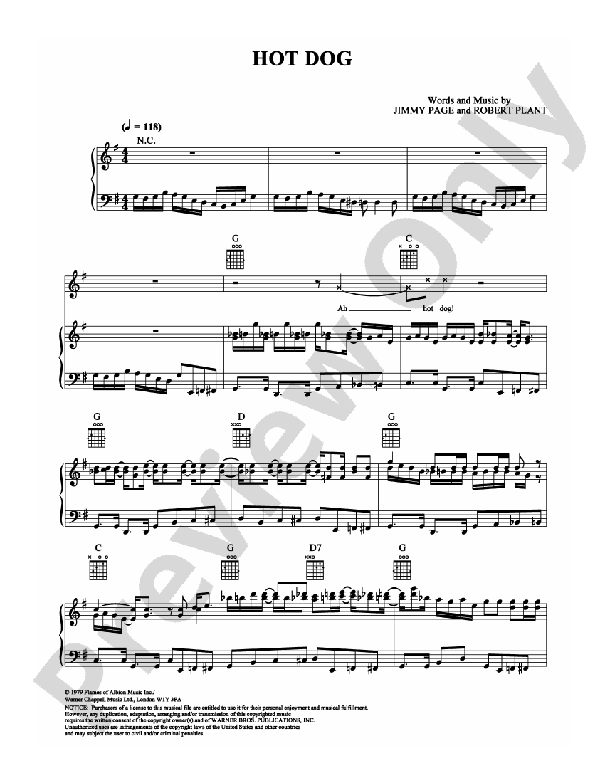 Hot Dog: Piano/Vocal/Chords: Led Zeppelin - Digital Sheet Music Download