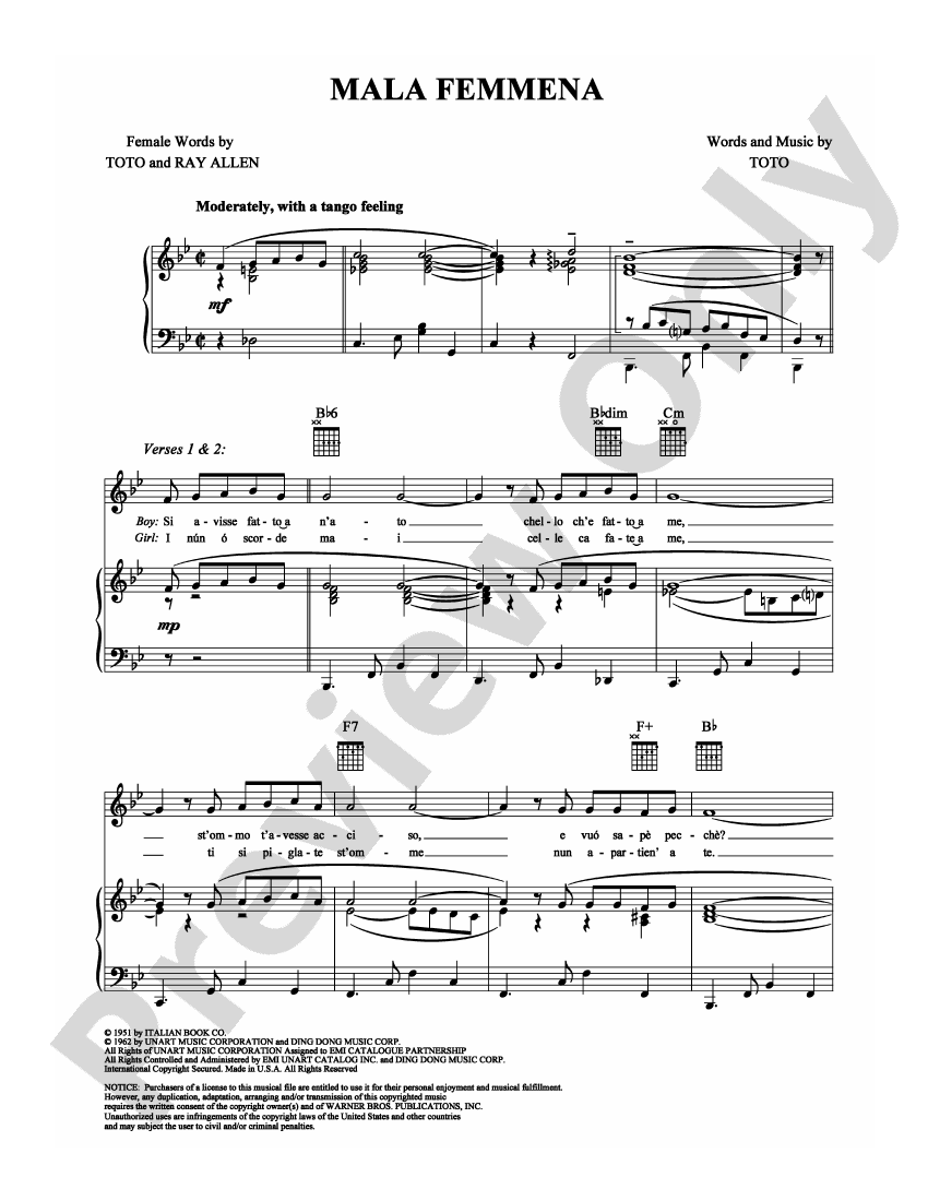 Mala Femmena: Piano/Vocal/Chords: Connie Francis - Digital Sheet Music ...