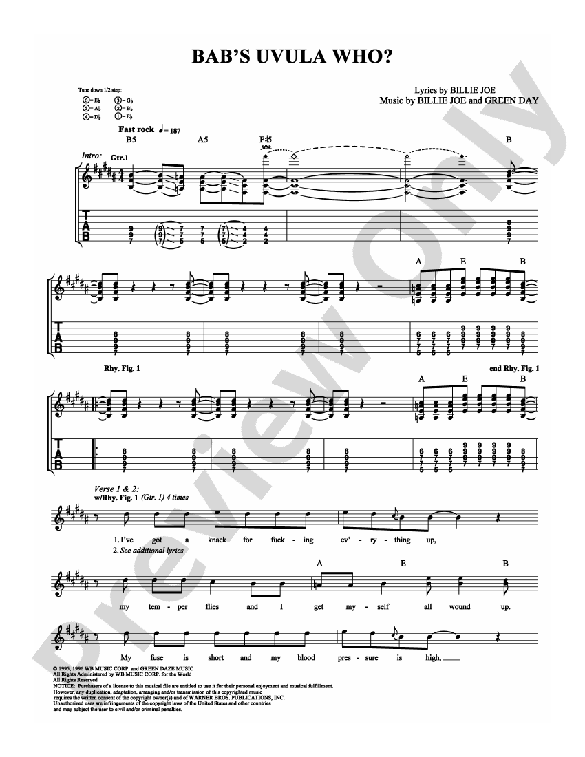 Bab's Uvula Who?: Guitar TAB: Green Day - Digital Sheet Music Download