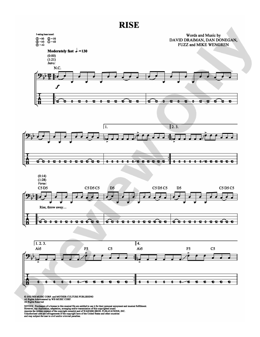 Rise: Bass TAB: Disturbed - Digital Sheet Music Download