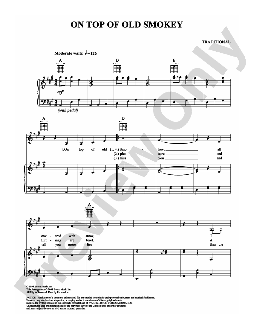 On Top of Old Smokey: Piano/Vocal/Chords: Traditional - Digital Sheet ...
