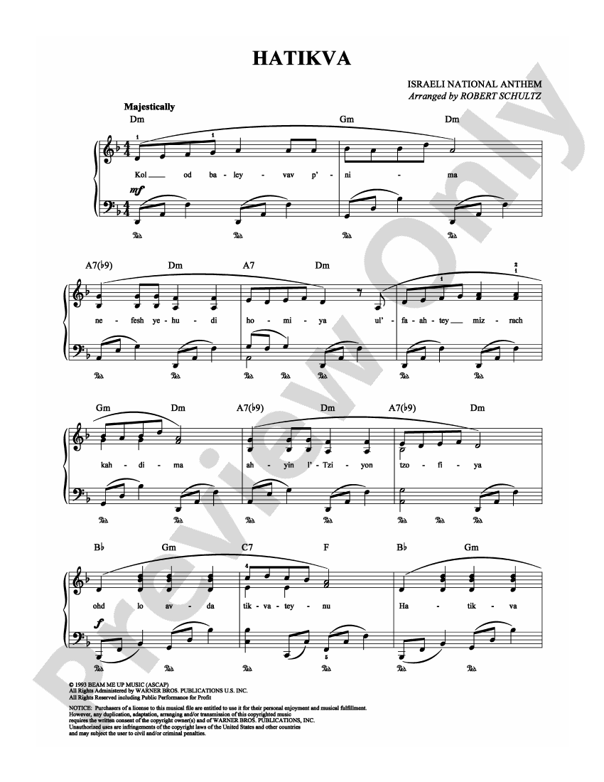 Hatikva: Piano/Vocal/Chords: Traditional - Digital Sheet Music Download
