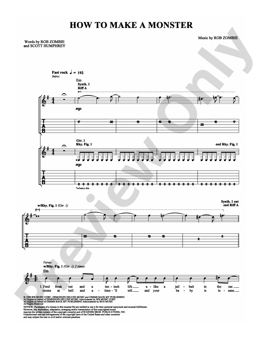 How to Make a Monster: Guitar TAB: Rob Zombie - Digital Sheet Music ...