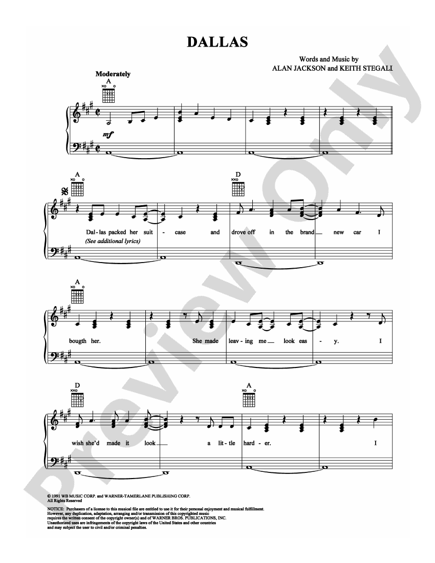 Dallas: Piano/Vocal/Chords: Alan Jackson - Digital Sheet Music Download