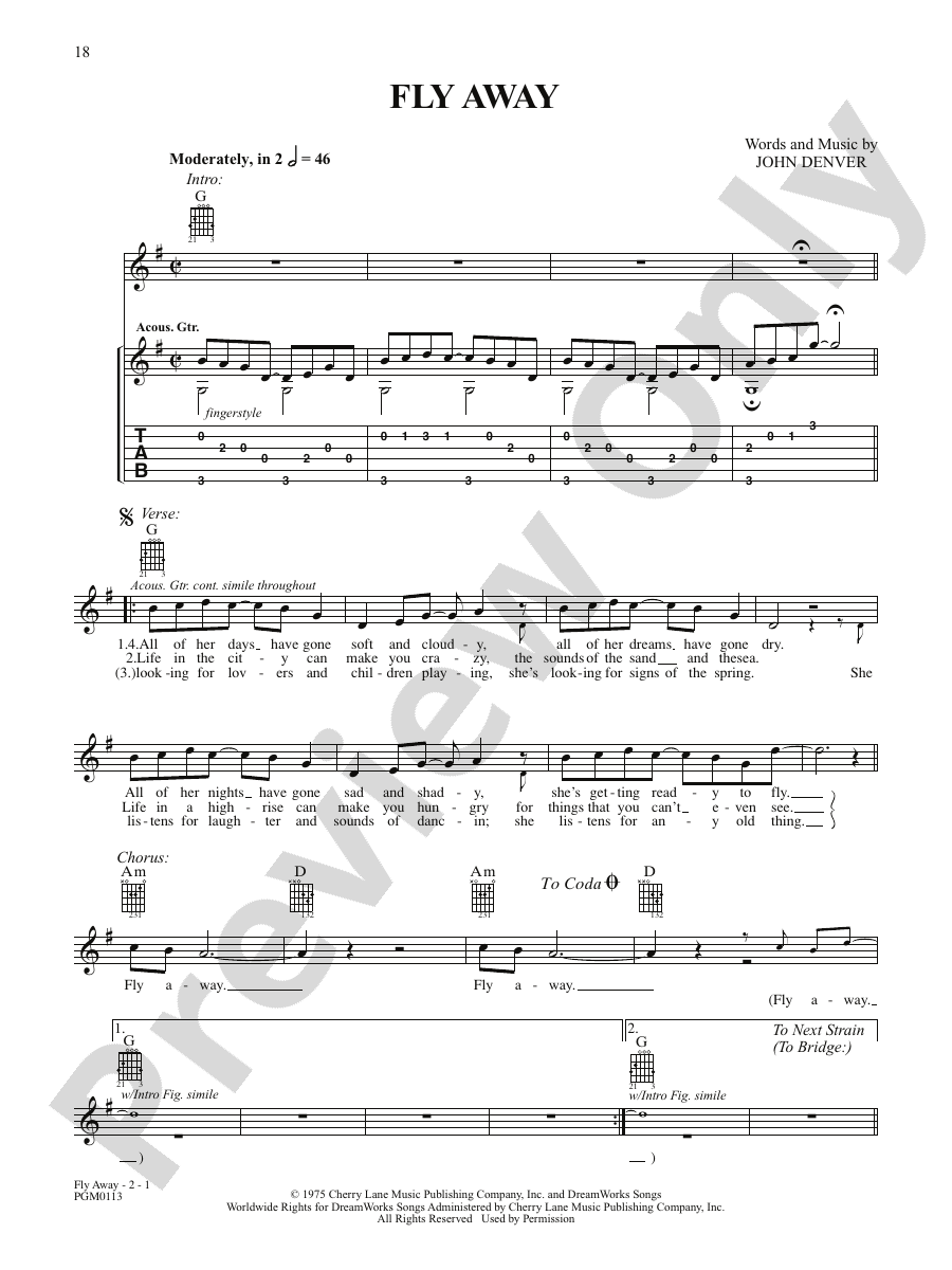 Fly Away: Guitar: John Denver - Digital Sheet Music Download