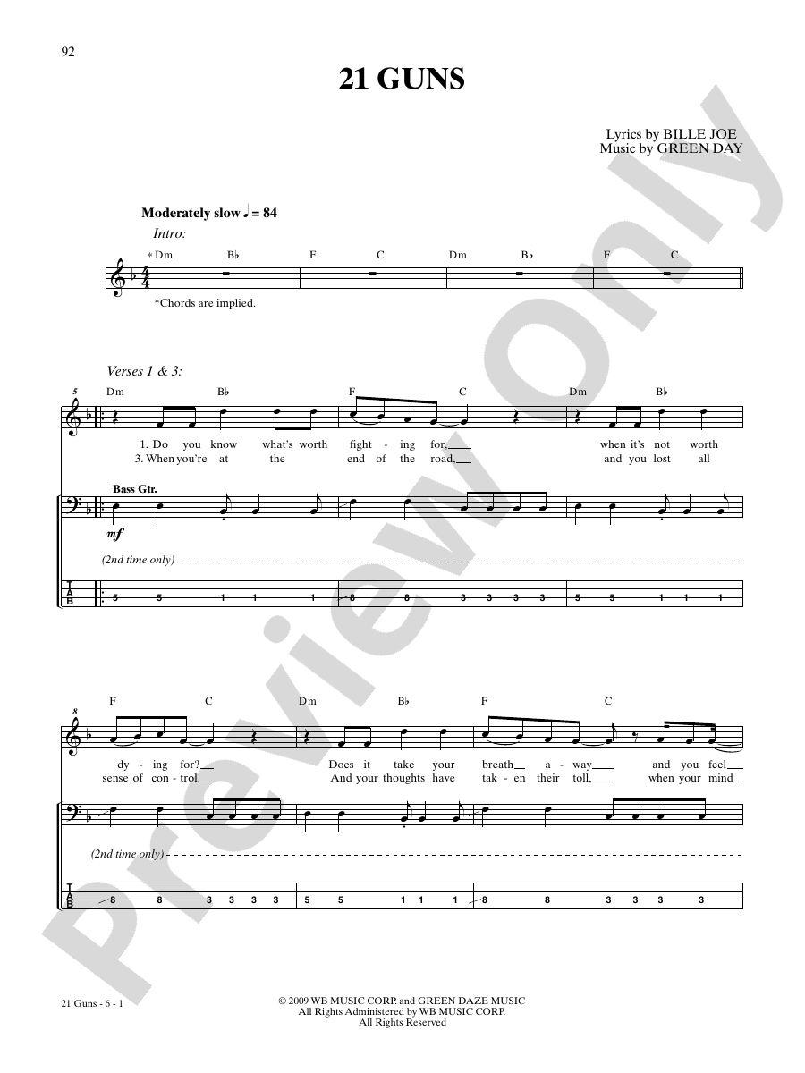 21 Guns: Bass Guitar: Green Day - Digital Sheet Music Download