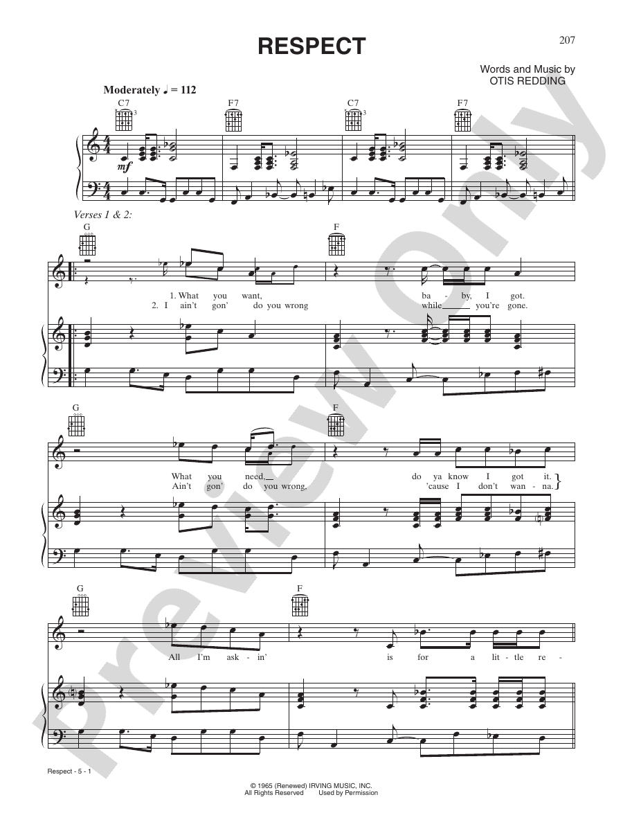 Respect: Piano/Vocal/Chords: Otis Redding - Digital Sheet Music Download