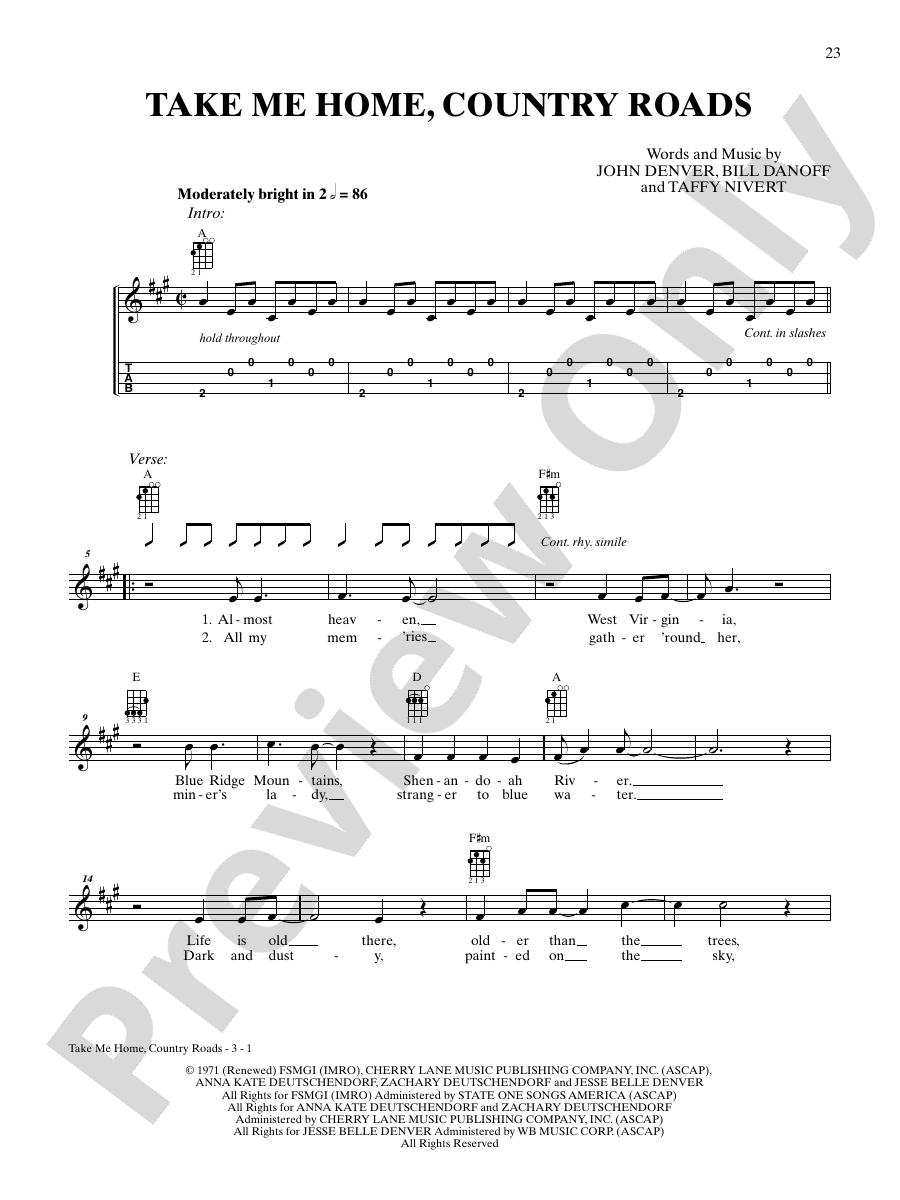 Take Me Home, Country Roads: Ukulele: John Denver - Digital Sheet Music ...
