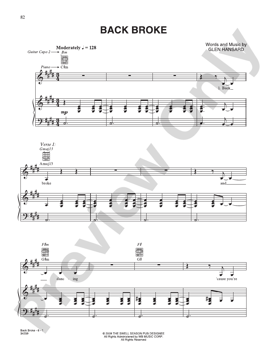 Back Broke: Piano/Vocal/Chords: Swell Season - Digital Sheet Music Download