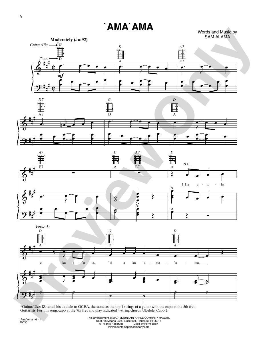 'Ama 'Ama: Piano/Vocal/Chords: Israel "IZ" Kamakawiwo'ole - Digital ...