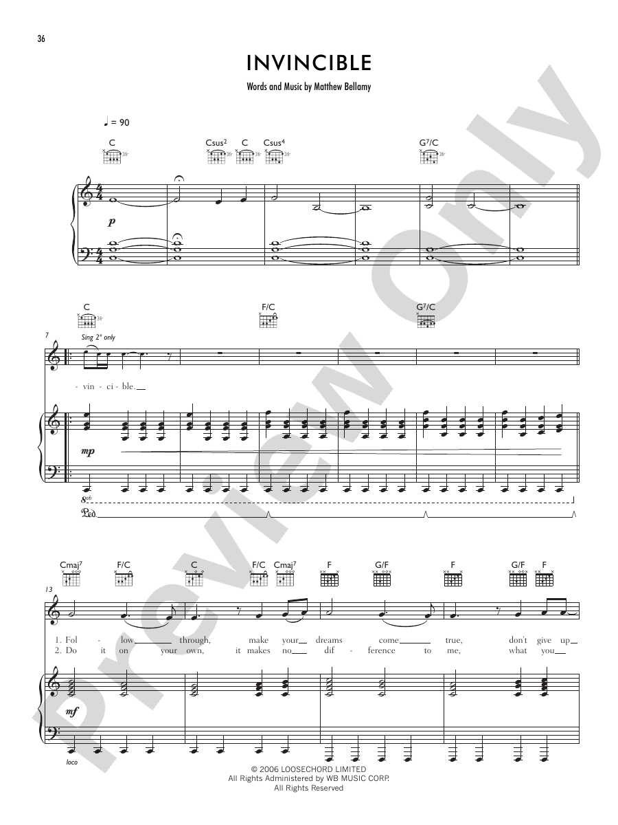 Invincible: Piano/Vocal/Guitar: Muse - Digital Sheet Music Download