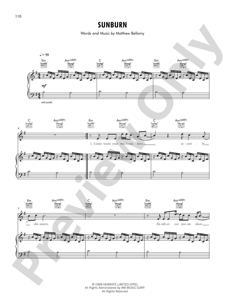 Sunburn: Piano/Vocal/Guitar: Muse - Digital Sheet Music Download