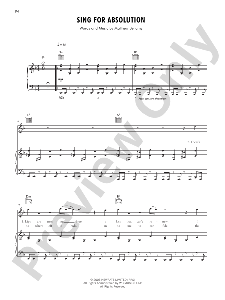 Sing for Absolution: Piano/Vocal/Guitar: Muse - Digital Sheet Music ...