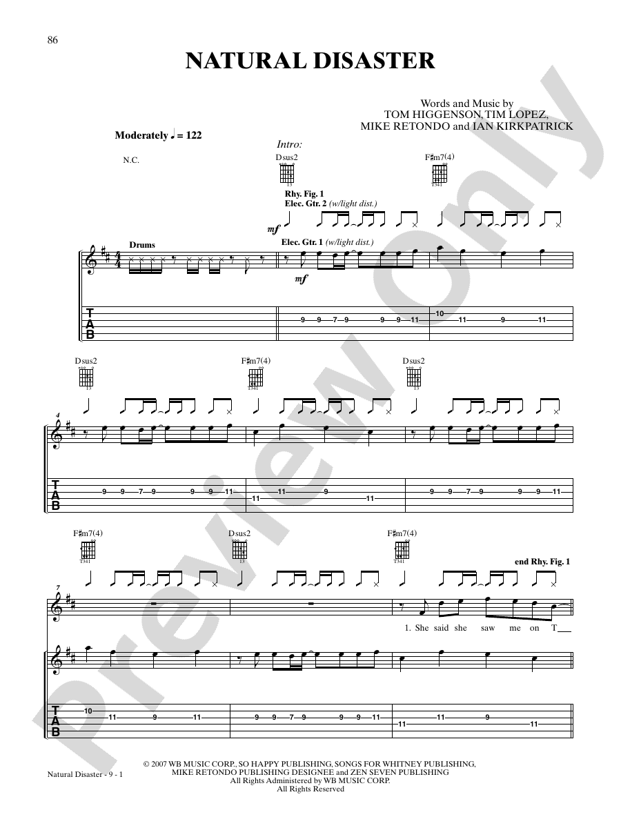 Natural Disaster: Guitar: Plain White T's - Digital Sheet Music Download