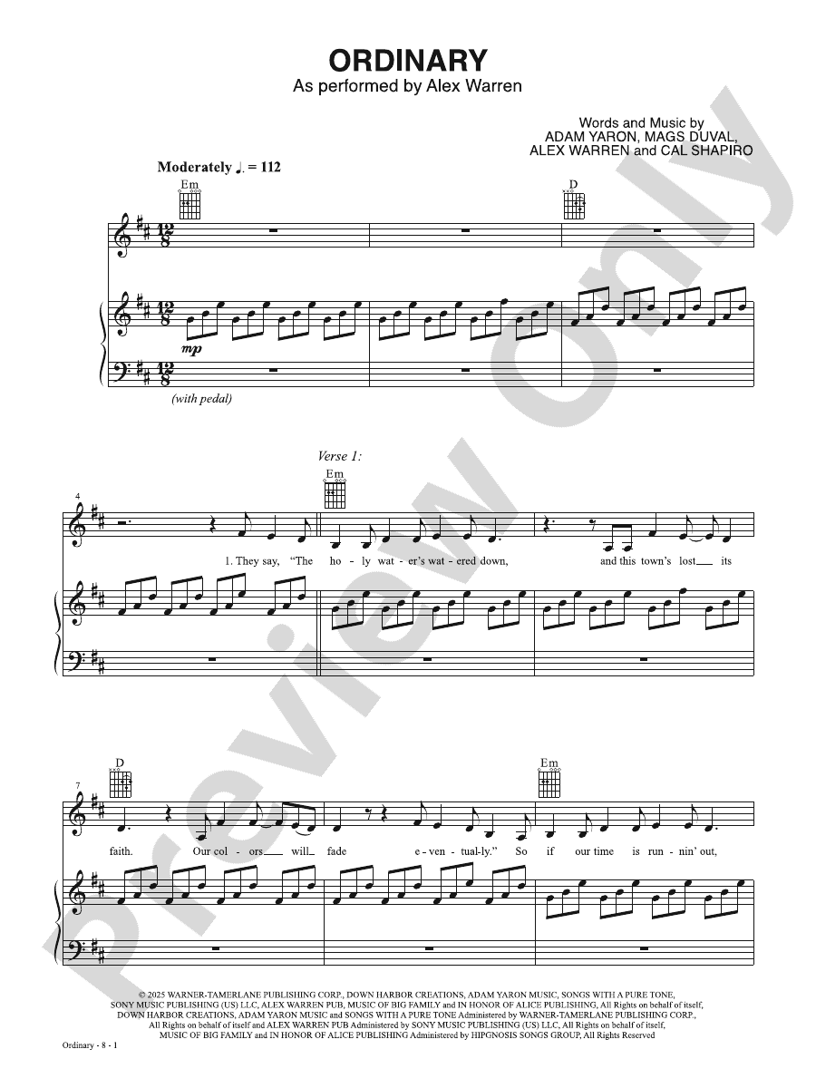 Ordinary (Alex Warren): Piano/Vocal/Guitar: Adam Yaron - Digital Sheet ...